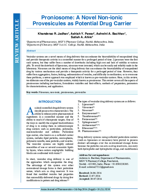 (PDF) Proniosome: A Novel Non-Ionic Provesicules as Potential Drug Carrier