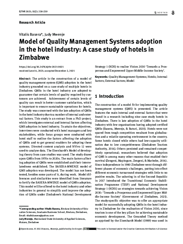 (PDF) Model of Quality Management Systems adoption in the hotel ...