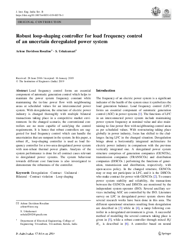 Pdf Robust Loop Shaping Controller For Load Frequency Control Of An Uncertain Deregulated