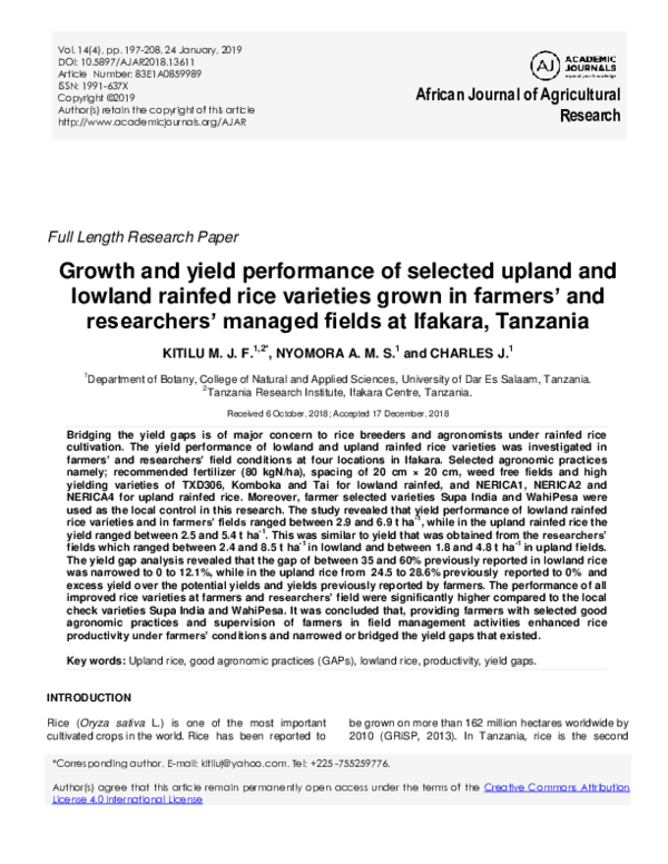 (PDF) Growth and yield performance of selected upland and lowland rainfed rice varieties grown ...