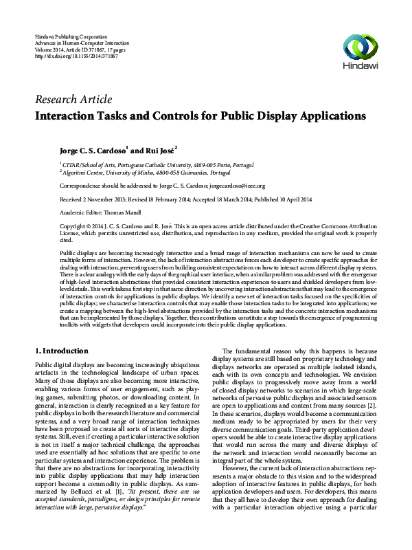 (PDF) Interaction Tasks and Controls for Public Display Applications