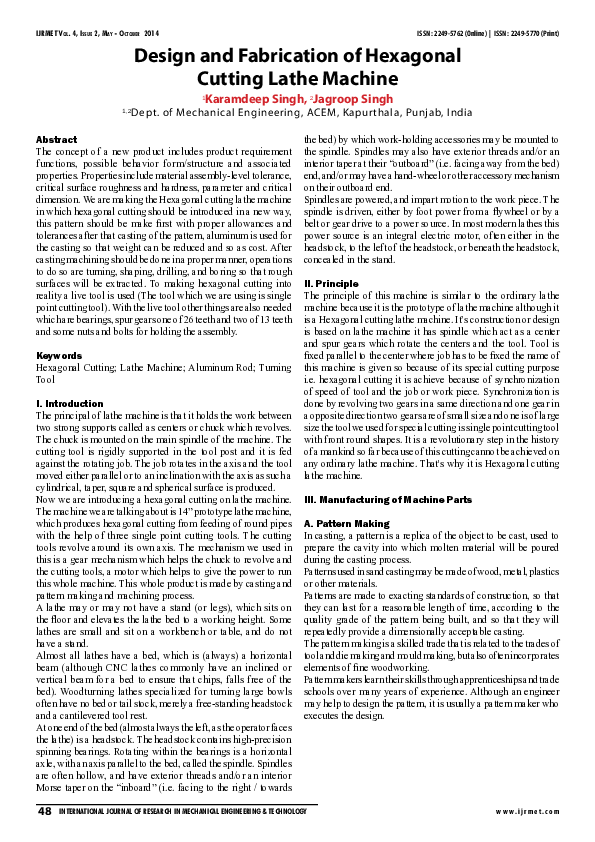 (PDF) Design and Fabrication of Hexagonal Cutting Lathe Machine