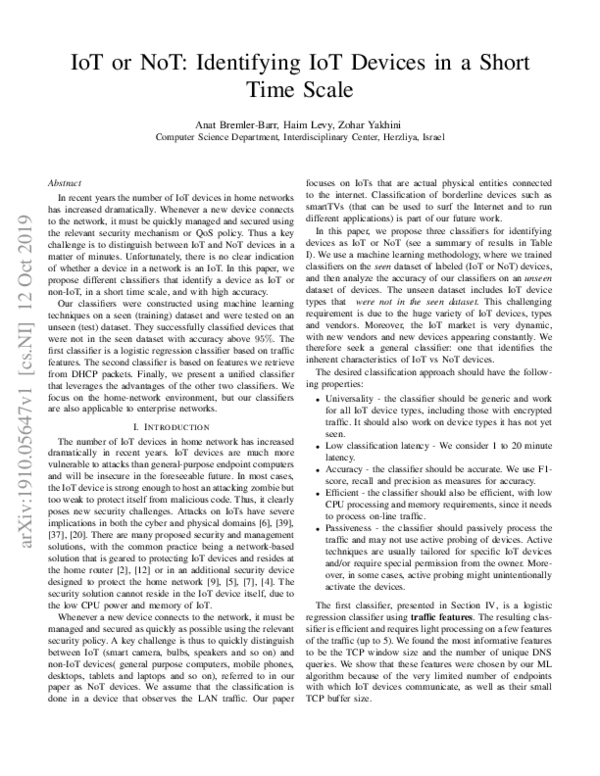 (PDF) IoT or NoT: Identifying IoT Devices in a Short Time Scale