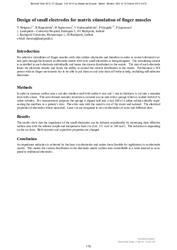 (PDF) Design of small electrodes for matrix stimulation of finger muscles