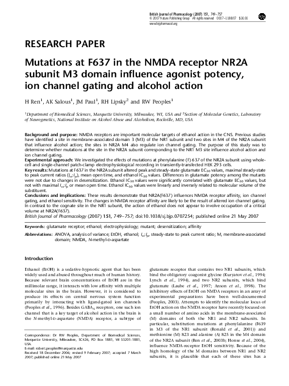 (PDF) Mutations at F637 in the NMDA receptor NR2A subunit M3 domain ...