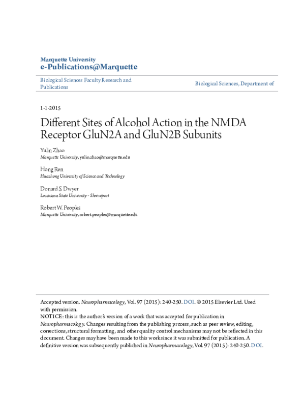 (PDF) Different sites of alcohol action in the NMDA receptor GluN2A and ...