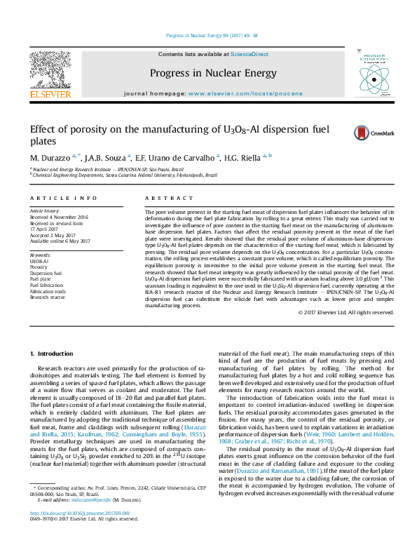 (PDF) Effect of porosity on the manufacturing of U 3 O 8 -Al dispersion ...