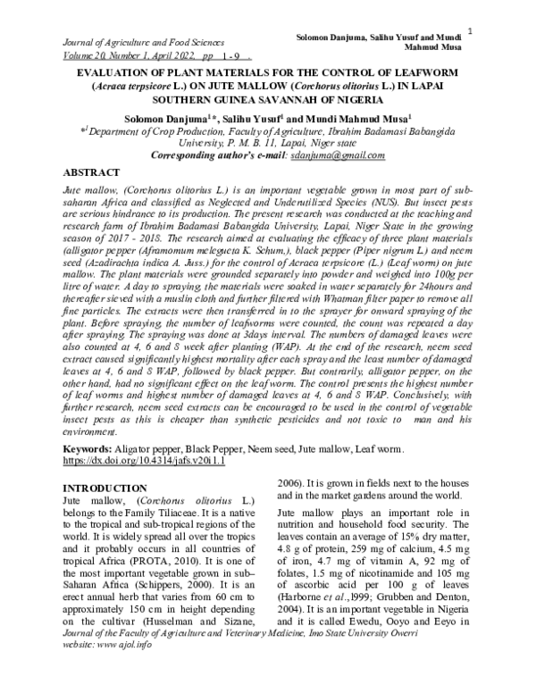(PDF) Evaluation of Plant Materials for the Control of Leafworm (Acraea terpsicore L.) On Jute ...