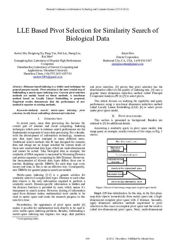 (PDF) LLE Based Pivot Selection for Similarity Search of Biological Data | Ru Mao - Academia.edu