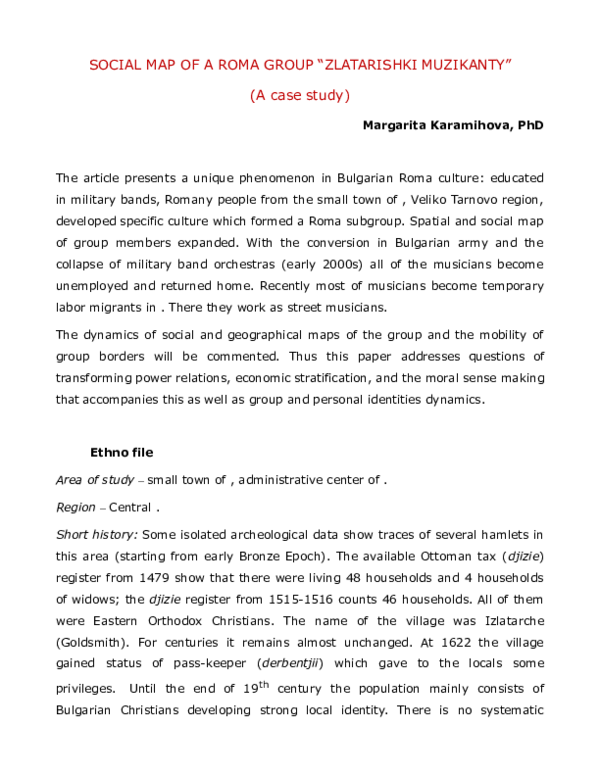 (PDF) SOCIAL MAP OF A ROMA GROUP ZLATARISHKI MUZIKANTY (A case study)