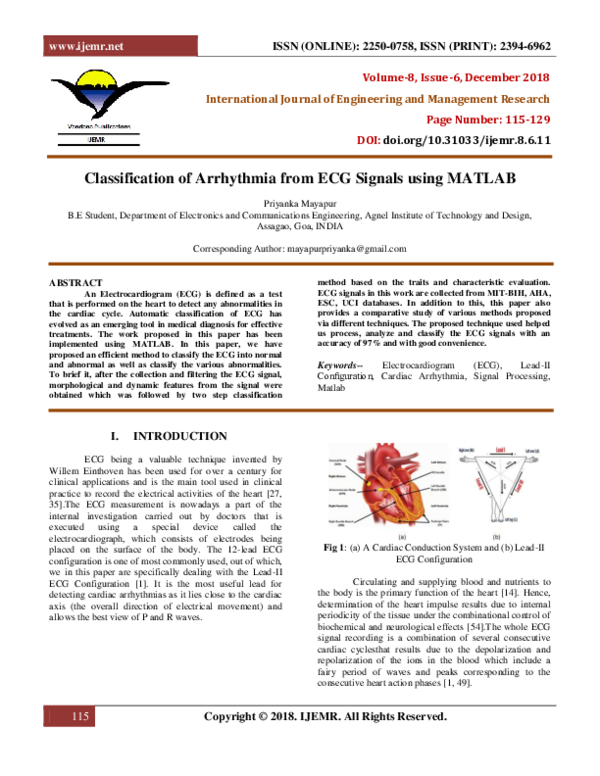 Pdf Classification Of Arrhythmia From Ecg Signals Using Matlab