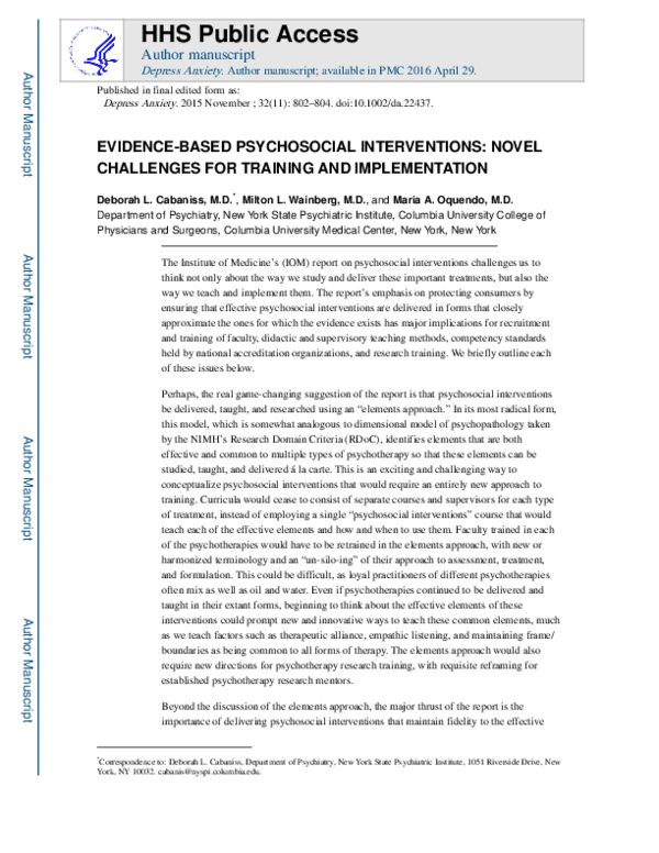 (PDF) Evidence-Based Psychosocial Interventions: Novel Challenges for Training and Implementation