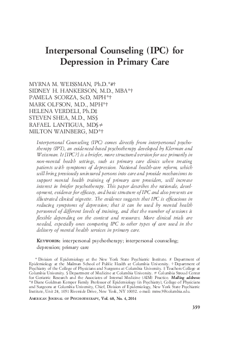 (PDF) Interpersonal Counseling (IPC) for Depression in Primary Care