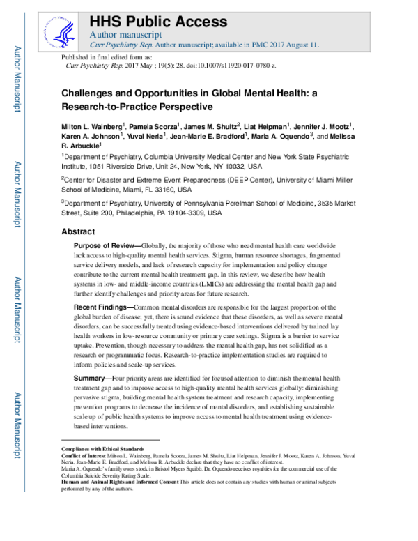 (PDF) Challenges and Opportunities in Global Mental Health: a Research ...