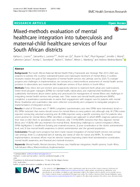 Pdf Mixed Methods Evaluation Of Mental Healthcare Integration Into Tuberculosis And Maternal