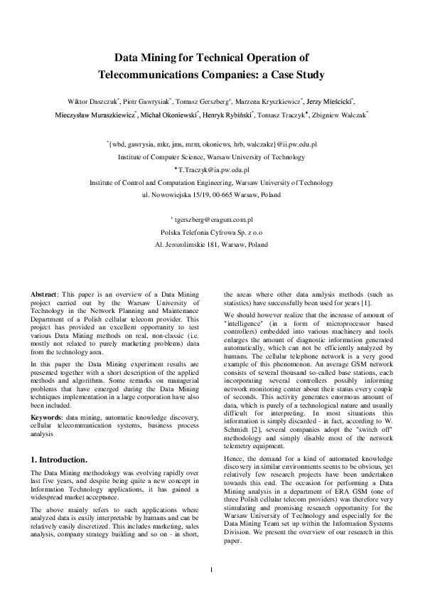 (PDF) Data mining for technical operation of telecommunications ...