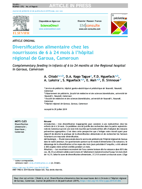 (PDF) Diversification alimentaire chez les nourrissons de 6 à 24 mois à ...