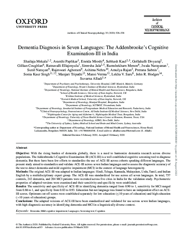 (PDF) Dementia Diagnosis in Seven Languages: The Addenbrooke’s ...