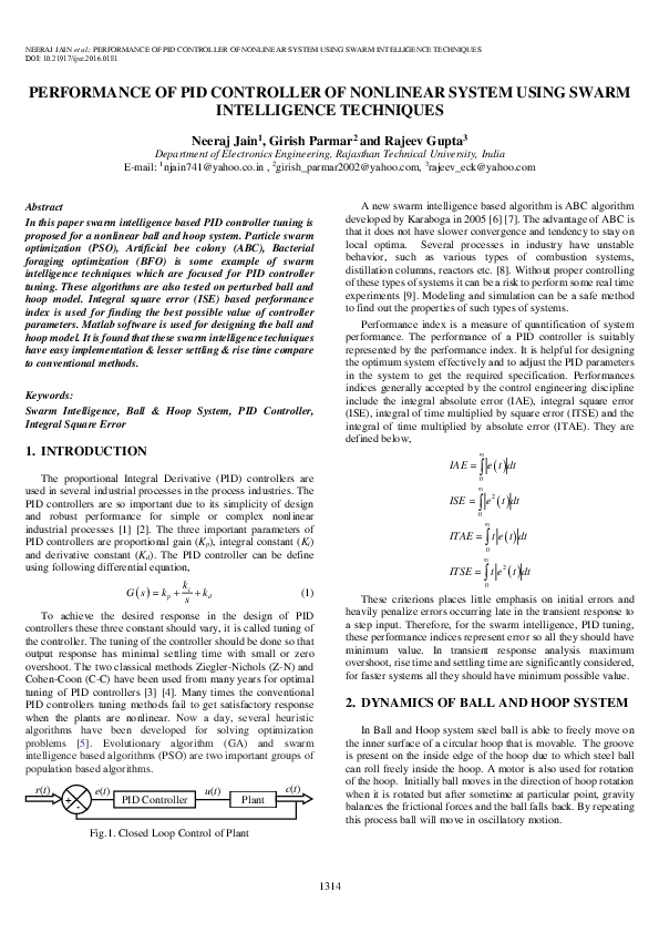 Pdf Performance Of Pid Controller Of Nonlinear System Using Swarm