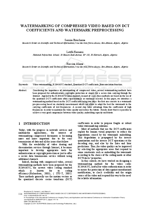 (PDF) Watermarking of Compressed Video Based on DCT Coefficients and Watermark Preprocessing ...