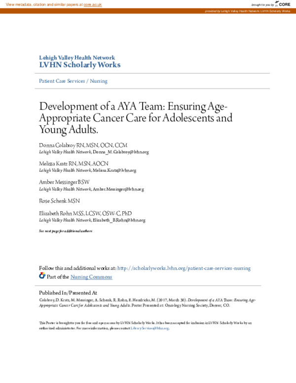 (PDF) Development of a AYA Team: Ensuring Age-Appropriate Cancer Care ...