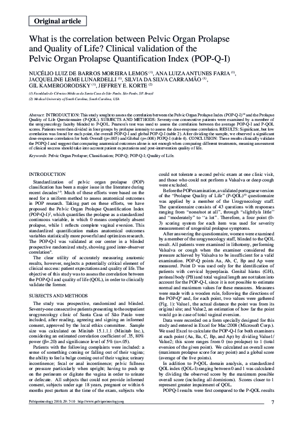 (PDF) What is the correlation between Pelvic Organ Prolapse and Quality of Life? Clinical ...