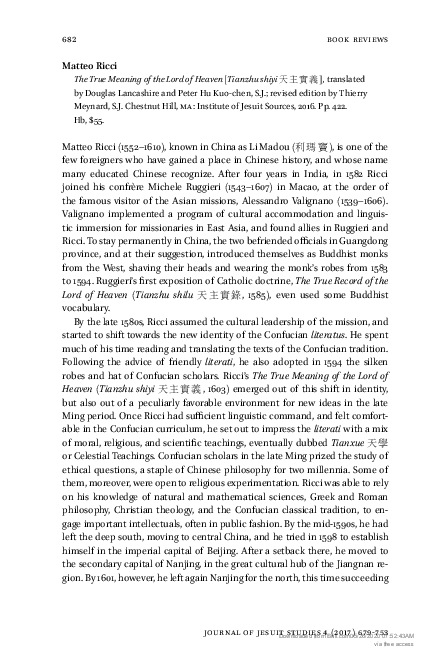 (PDF) The True Meaning of the Lord of Heaven, written by Matteo Ricci