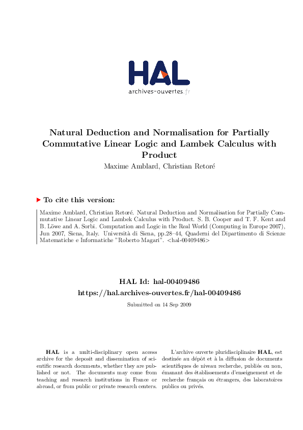(PDF) Natural deduction and normalisation for partially commutative linear logic and lambek ...