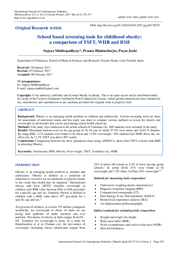 (PDF) School based screening tools for childhood obesity: a comparison ...