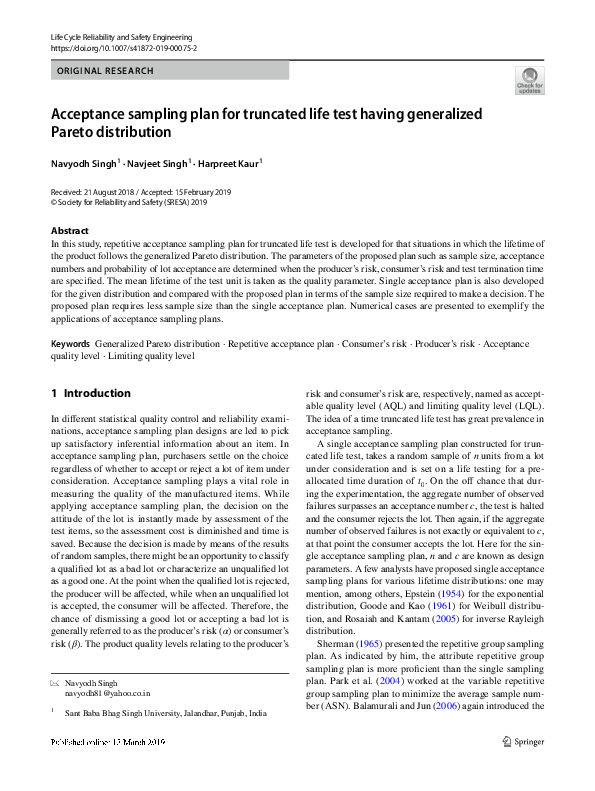 Pdf Acceptance Sampling Plan For Truncated Life Test Having Generalized Pareto Distribution