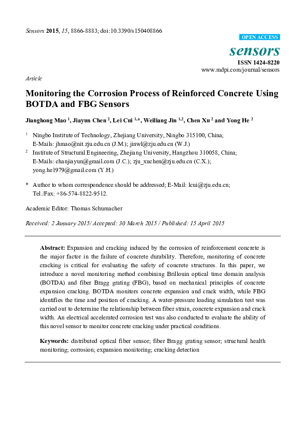 Pdf Monitoring The Corrosion Process Of Reinforced Concrete Using Botda And Fbg Sensors Dr