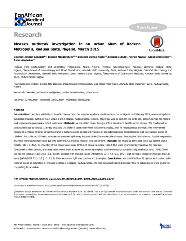 (PDF) Measles outbreak investigation in an urban slum of Kaduna ...