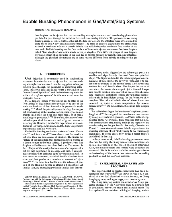 (PDF) Bubble bursting phenomenon in Gas/Metal/Slag systems | Lauri ...