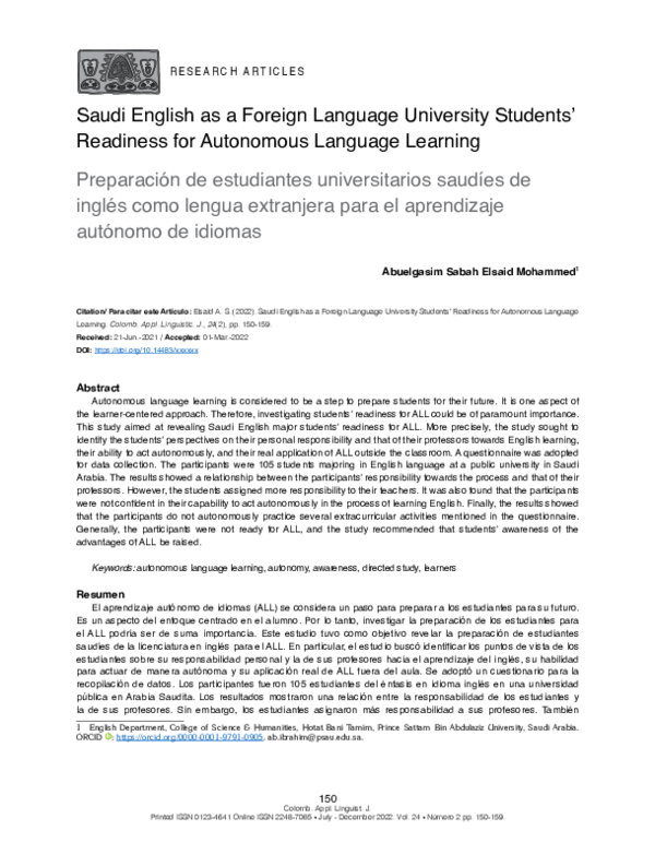 (PDF) Saudi English as a Foreign Language University Students' Readiness for Autonomous Language ...