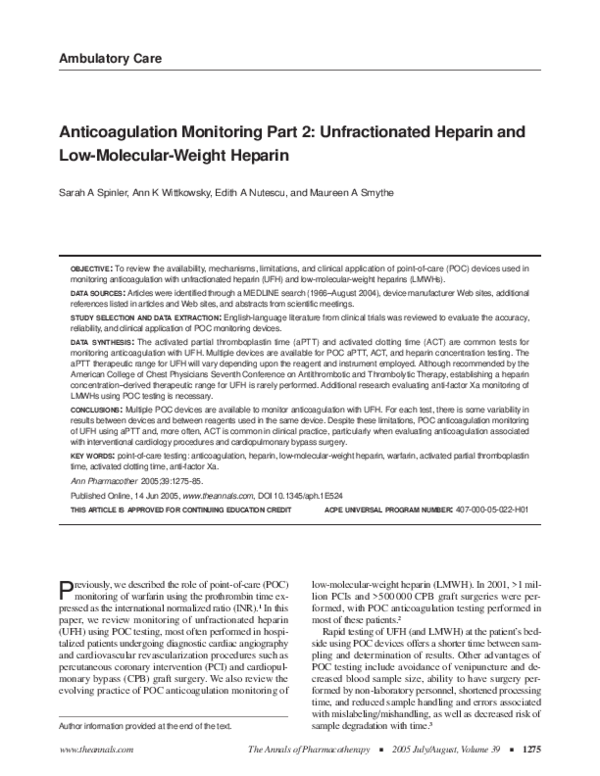 (PDF) Anticoagulation Monitoring Part 2: Unfractionated Heparin and Low ...