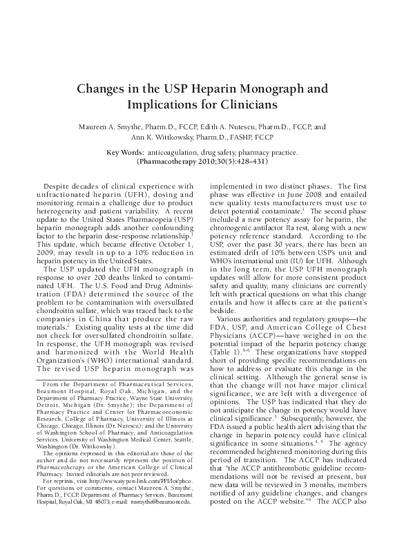 Changes in the USP Heparin Monograph and Implications for Clinicians