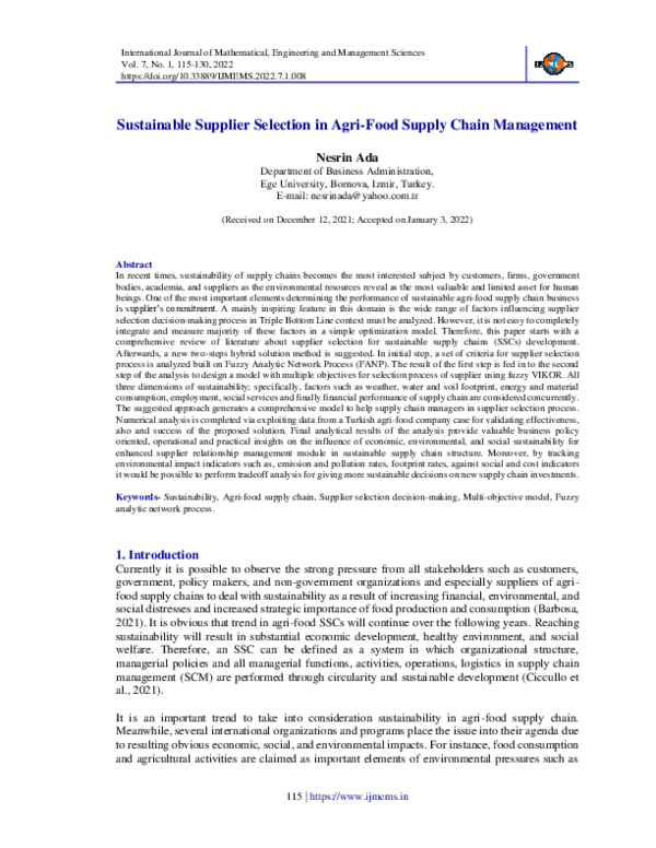 (PDF) Sustainable Supplier Selection in Agri-Food Supply Chain Management (PDF) Sustainable Supplier Selection in Agri-Food Supply Chain Management