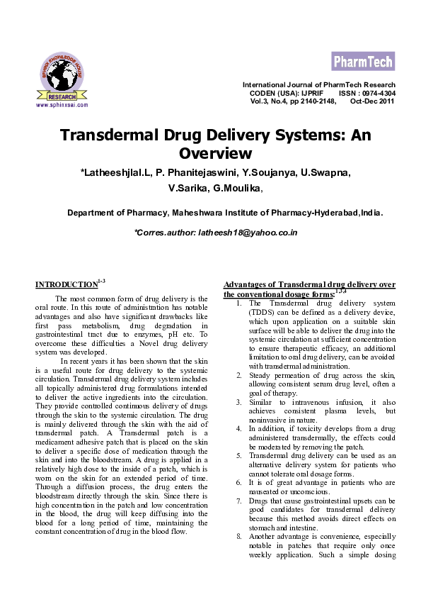 (PDF) Transdermal Drug Delivery Systems: An Overview | Bhushan Gandhare - Academia.edu