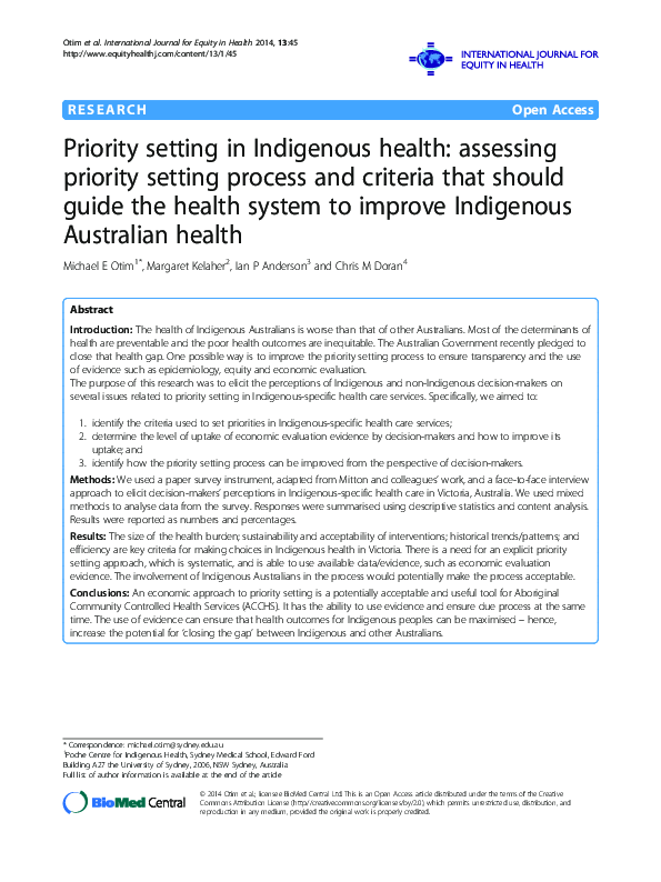 (PDF) RESEARCH Open Access Priority setting in Indigenous health: assessing