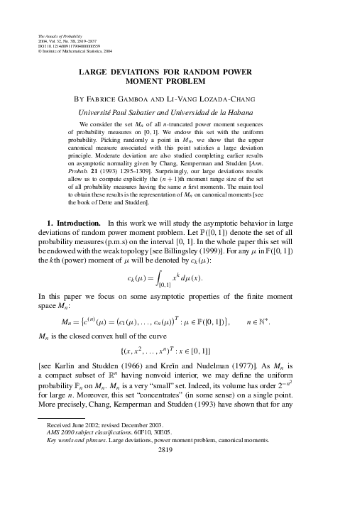 (PDF) Large Deviations for random power moment problem