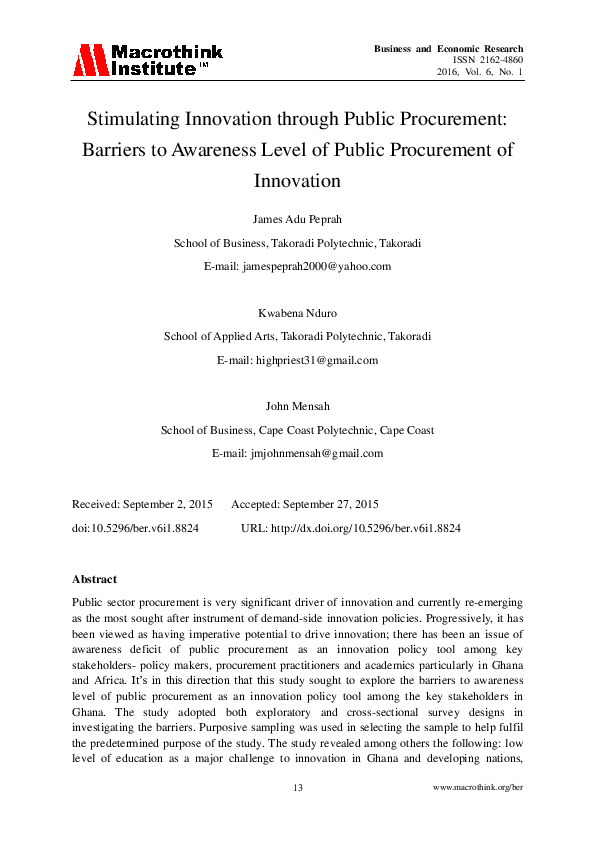 (PDF) Stimulating Innovation through Public Procurement: Barriers to ...