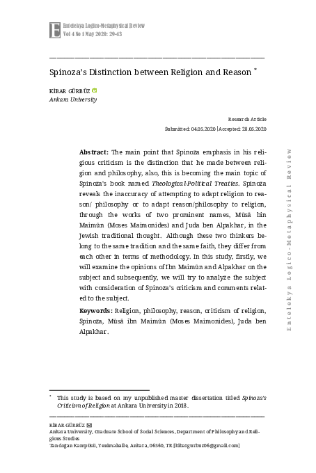 (PDF) Spinoza's Distinction between Religion and Reason