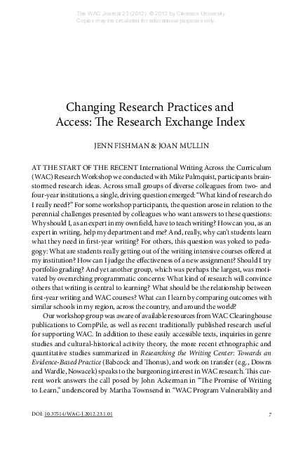 (PDF) Changing Research Practices and Access: The Research Exchange index