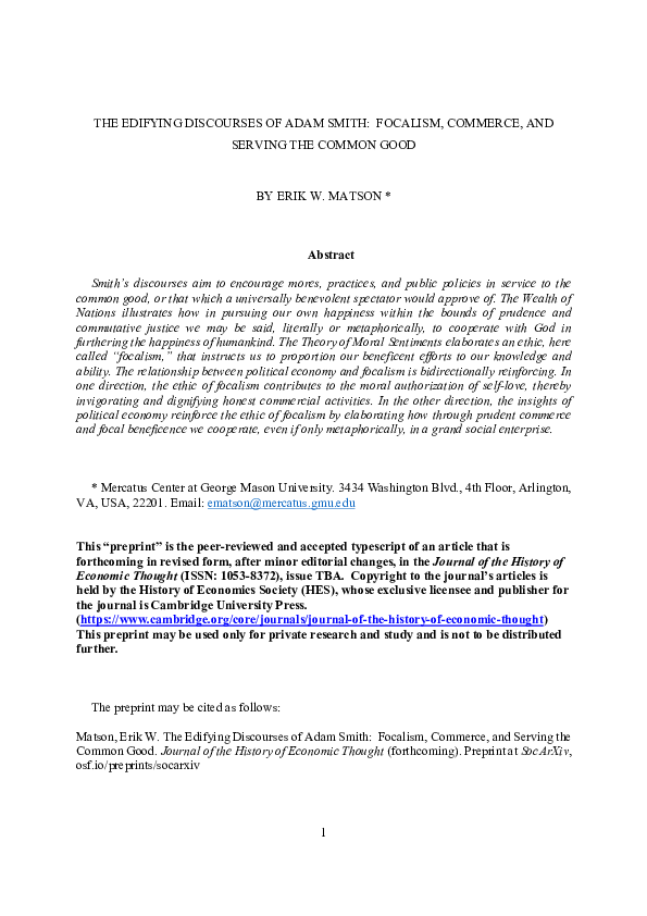 (PDF) THE EDIFYING DISCOURSES OF ADAM SMITH: FOCALISM, COMMERCE, AND ...