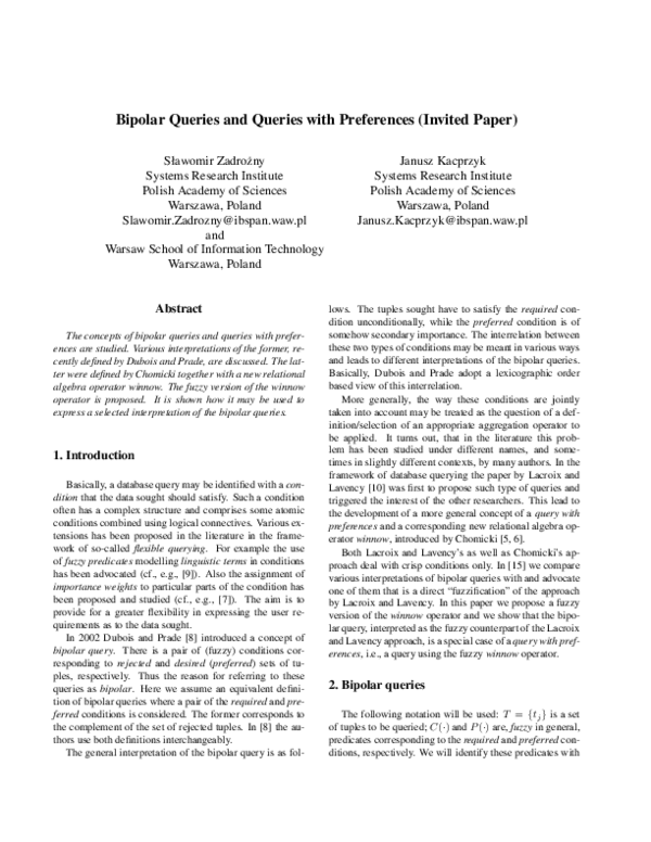 (PDF) Bipolar Queries and Queries with Preferences