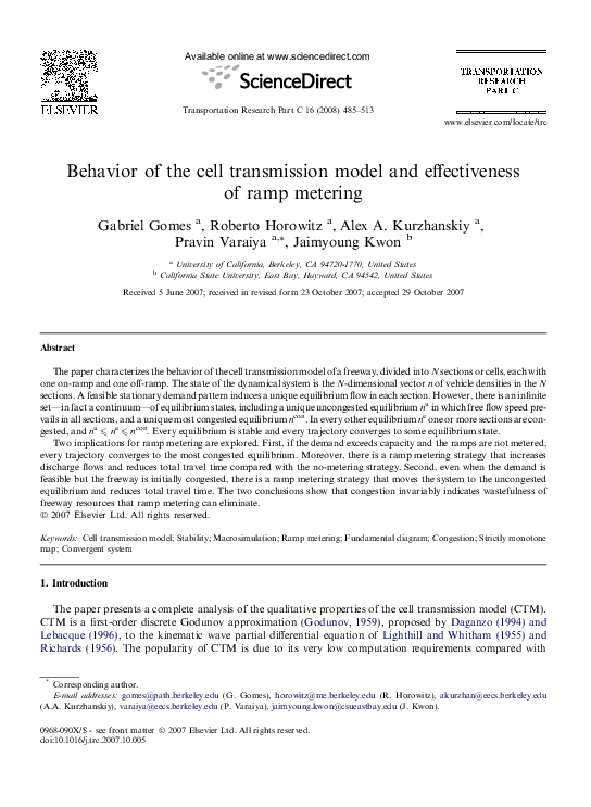 (PDF) Behavior of the cell transmission model and effectiveness of ramp ...