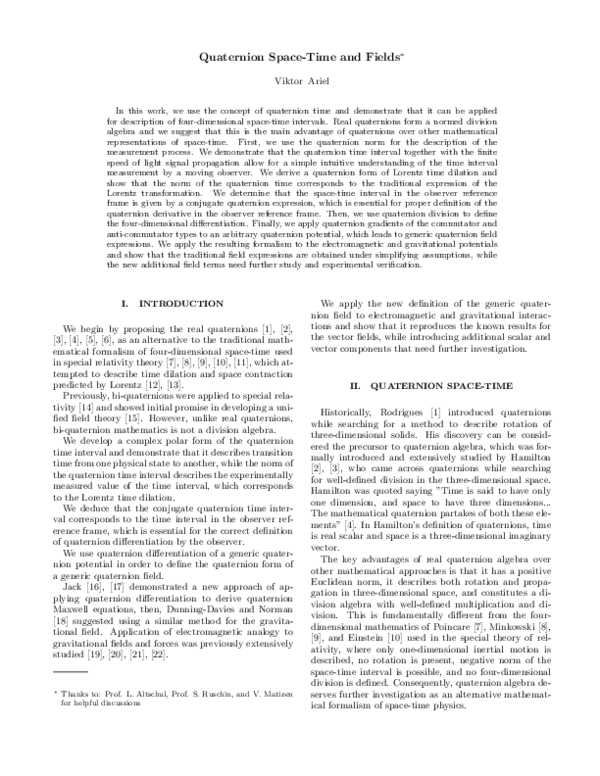 Pdf Quaternion Space Time And Fields∗