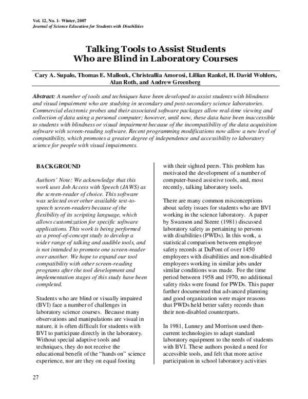 (PDF) Talking Tools to Assist Students Who are Blind in Laboratory Courses