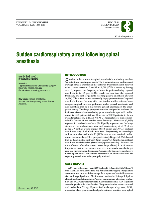 (PDF) Sudden cardiorespiratory arrest following spinal anesthesia | Kresimir Oremus - Academia.edu