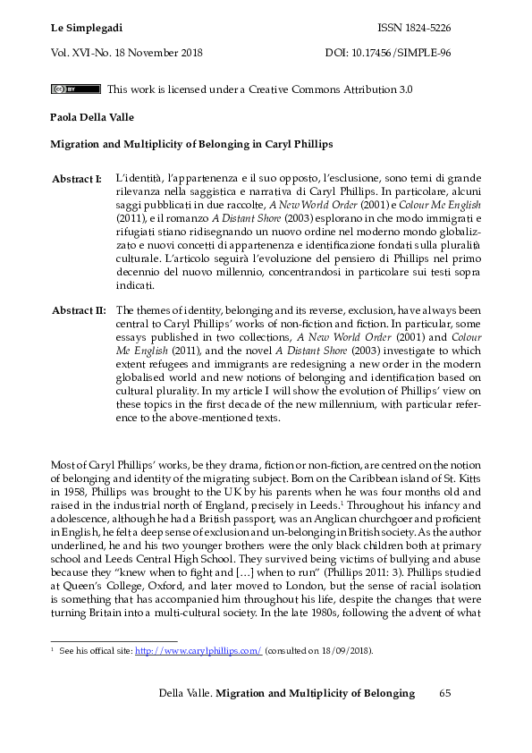 (PDF) Migration and Multiplicity of Belonging in Caryl Phillips